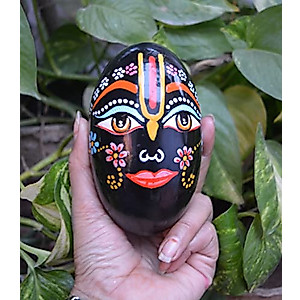 Laddu Gopal Shaligram Stone with Beautiful Design Painted on it Black~I-5574