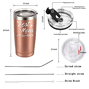 Best Mom Tumbler Best Mom Ever Tumbler with Straw and Lid Best Mom Ever Travel Tumble Birthday Mothers Day Gifts for Mom from Daughter Son Mom Travel Tumbler with 2 Lids and Straws, 20OZ Rose Gold