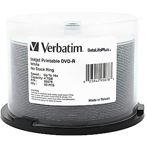 Verbatim 95078 DVD-R Media 16x 4.7gb Spindle Datalifeplus Inkjet Printable (White) - 50-pk