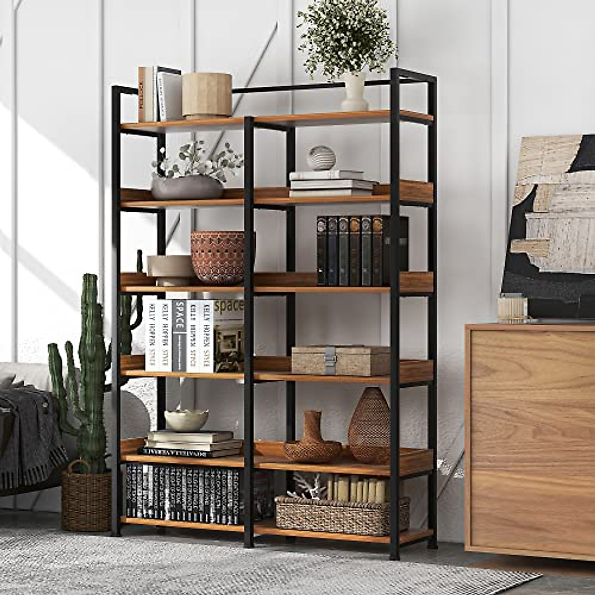 MENGK 70.8 Inch Tall Bookshelf MDF Boards Stainless Steel Frame, 6-Tier Shelves with Back&Side Panel, Adjustable Foot Pads, Brown