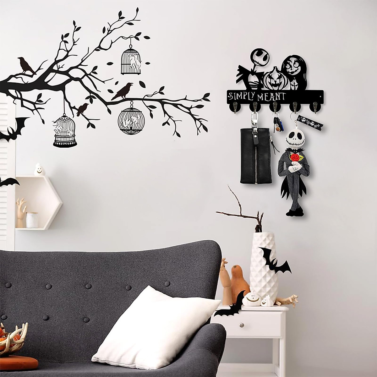 Christmas Nightmare Decor Key Holder for Wall - Jack Cartoon Sally Gothic Wall Decor Key Organizer with 5 Hooks - for Halloween Decor - Christmas Nightmare Gifts for Kids Girls