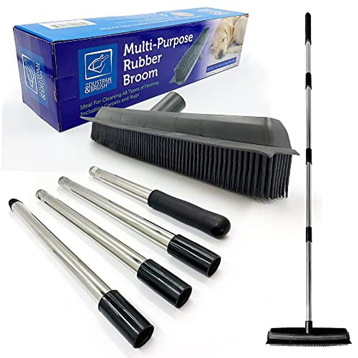Rubber Broom Pet Hair Remover, Floor Brush Fur Rake Carpet Broom Dog Hair Remover to Sweep Fur, Dust, and Dirt for All Surface Cleaning, Silicone Broom with Built-in Squeegee for Wiping Out Spills