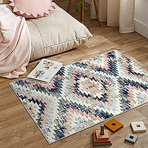 Lanffia Modern Geometric Area Rug - 2x3 Small Entryway Rug Doormat Faux Wool Non-Slip Washable Low-Pile Throw Carpet for Bathroom Kitchen Laundry Room Decor, Pink