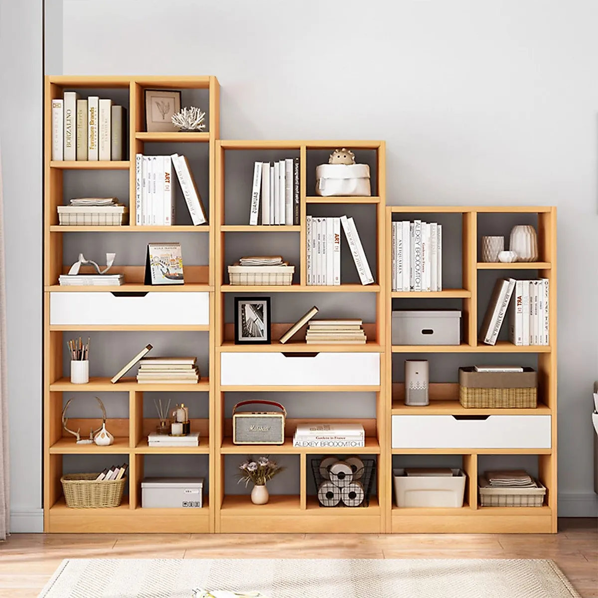 IOTXY Wooden Open Shelf Bookcase - 51" Height Freestanding Display Storage Cabinet Organizer with 7 Cubes and a Drawer, Floor Standing Bookshelf, Yellow
