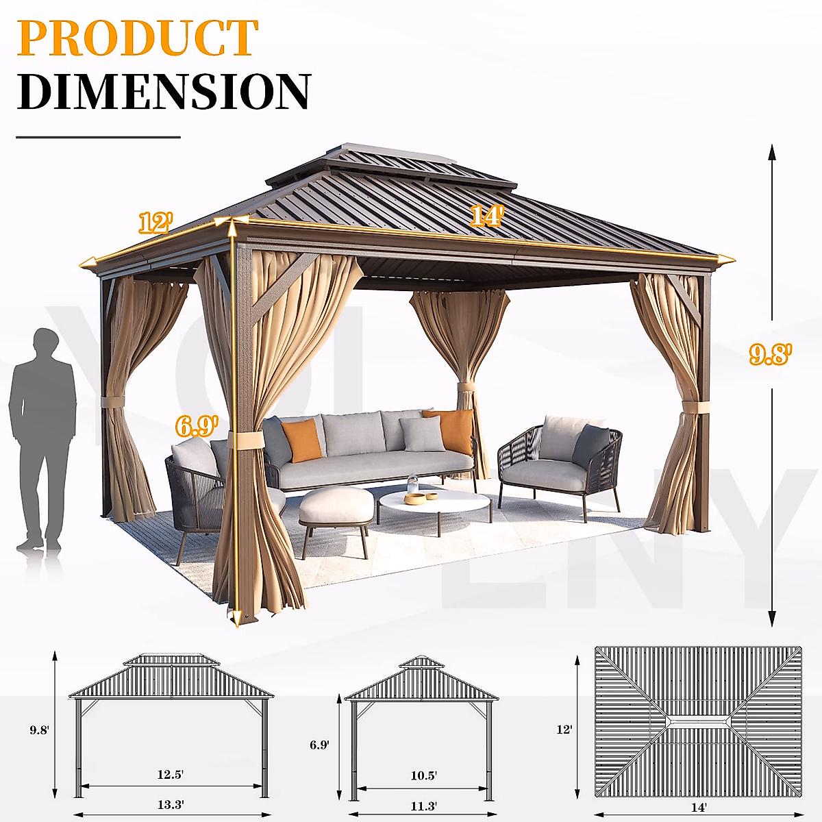 YOLENY 12x14FT Hardtop Gazebo, Galvanized Steel Double Roof Canopy with Netting and Curtains, Permanent Metal Pavilion Gazebos with Aluminum Frame for Patio Backyard Deck and Lawns