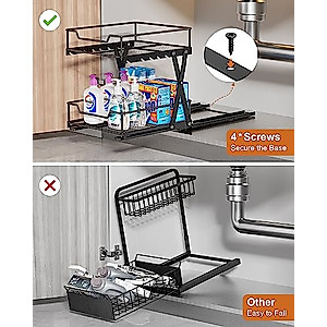 Metal Under Sink Organizer, 2 Tier Pull Out Cabinet Organizer with 5 Height Adjustable, Hold up to 80lbs, Multi-Purpose Organization and Storage For Kitchen Bathroom Pantry-Heavy Duty