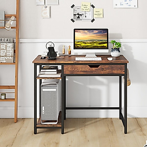 Tangkula Computer Desk with Charging Station, 40” Industrial Home Office Desk with Drawer & Adjustable Shelf, Compact Computer Workstation with CPU Stand & Headphone Hooks, Study Writing Desk