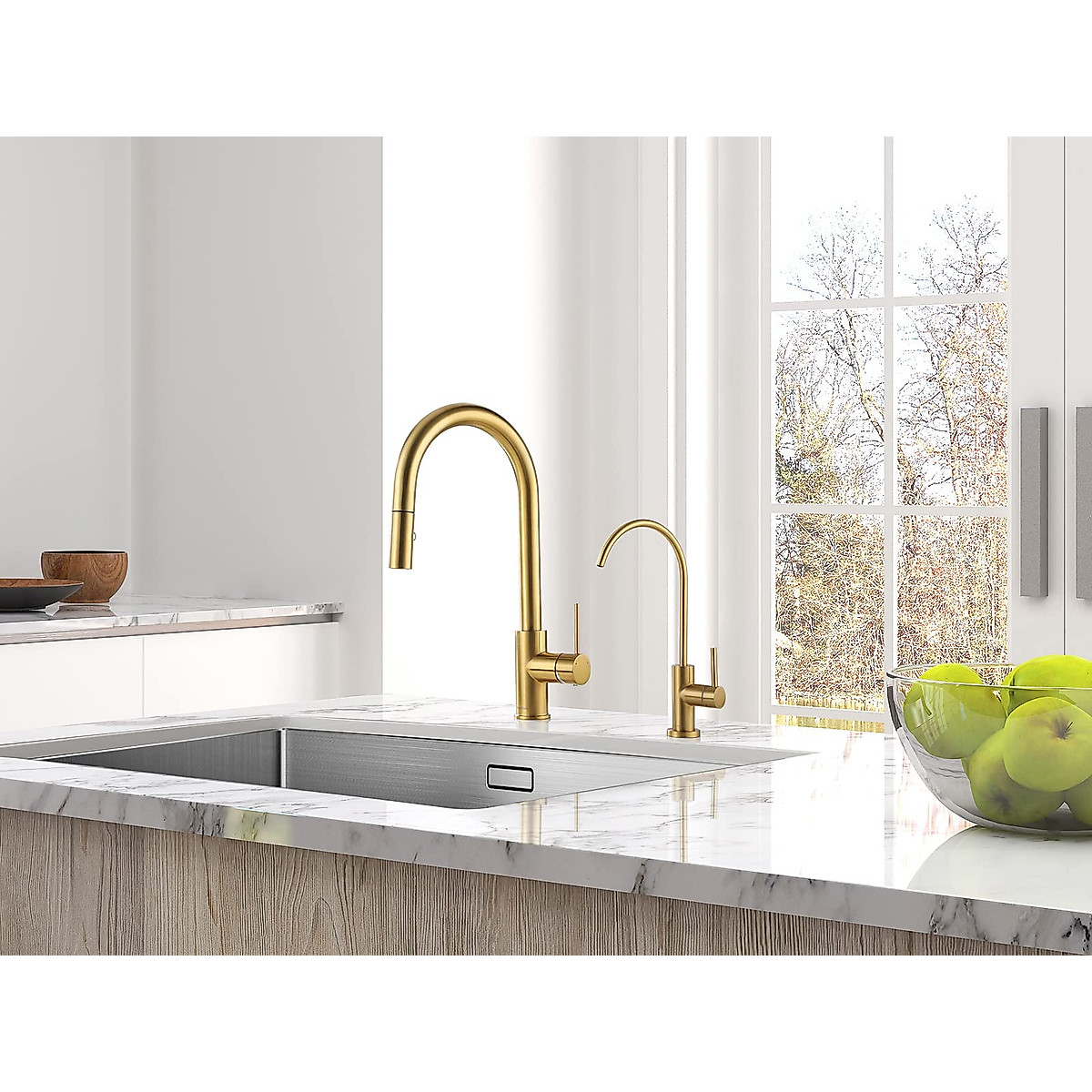 AguaStella AS60BG Brushed Gold Pull Down Kitchen Faucet and AS09BG Brushed Gold Stainless Steel Water Filter Faucet for Most Reverse Osmosis Units or Water Filtration System in Non-Air Gap Combination