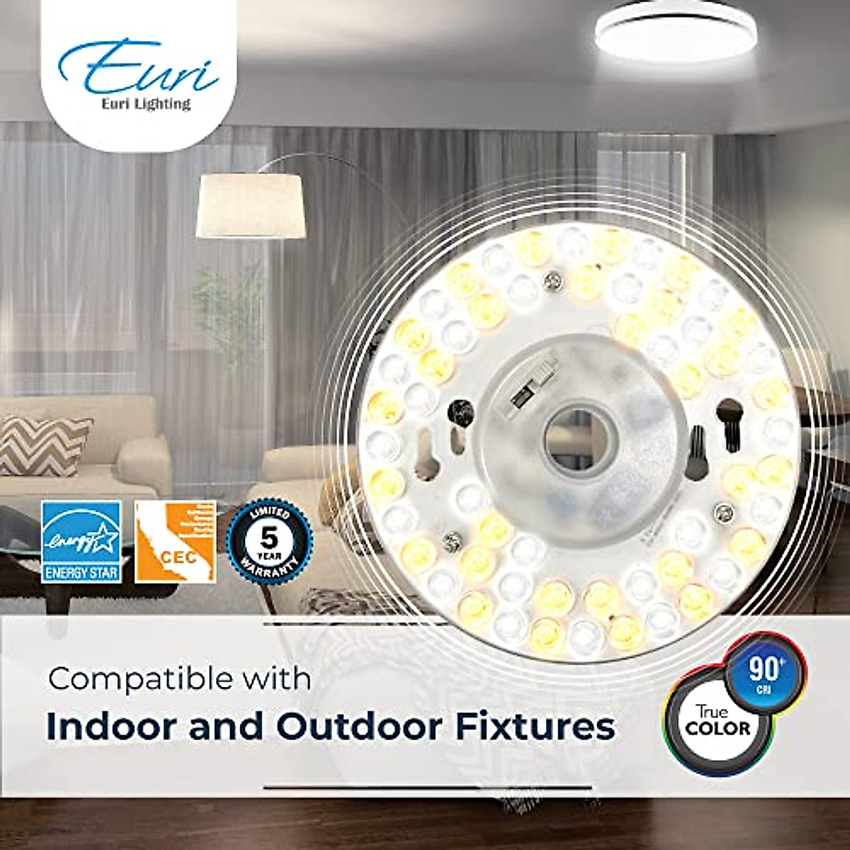 Euri Lighting EMP-2000cec-15, Dimmable LED Light Engine, 5.12" Diameter, 15W (100W Equal), 1350lm, 3000K, 4000K, 5000K, 90+ CRI, Energy Star, CEC Compliant, 5YR, 50K Hour WTY