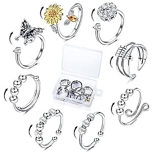 THUNARAZ 8 Pcs Silver Fidget Anxiety Rings for Women Adjustable Sunflower Butterfly Spinner Rings for Anxiety Rotatable Fidget Bead Ring for Stress Relieving with Box