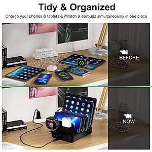 TYCRALI Charging Station for Multiple Devices Apple - 100W 6 Port Charger Station with 3 PD USB C Fast Port, Phone and Watch Charging Stand for iPhone iPad Samsung (Watch Charger NOT Included)