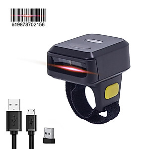 1D Ring Barcode Scanner Compatible with BT Function 2.4GHz Connection Portable Wearable Mini Finger Bar Code Reader Used for Warehouse Inventory Store Pharmacy Supermarket (1D