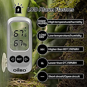 OIIBO Reptile Digital Thermometer Hygrometer with Alarm, 2-Channel Temperature and Humidity Meter Gauge with Probe for Pet Rearing Box Reptile Terrarium Temperature and Hygrometer