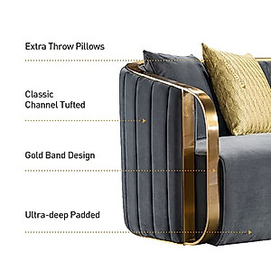 Acanva Mid-Century Modern Sofa for Living Room with Golden Band Sloped Arm, Channel Tufted Performance, 95”W Couch, Grey