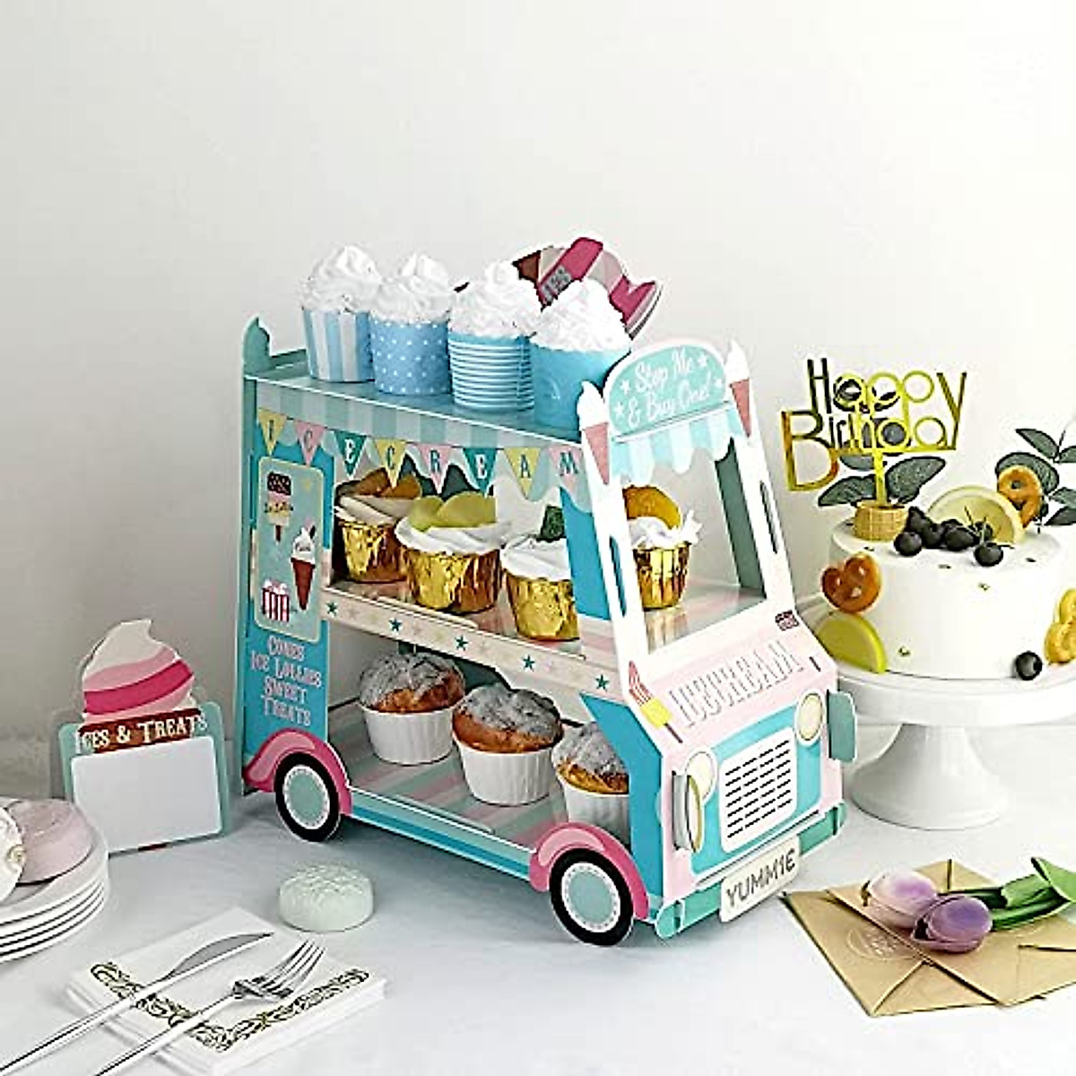 BalsaCircle 16-Inch Blue with Pink 3 Tier Cardboard Ice Cream Truck Cupcake Dessert Stand Wedding Party Events Decorations Supplies