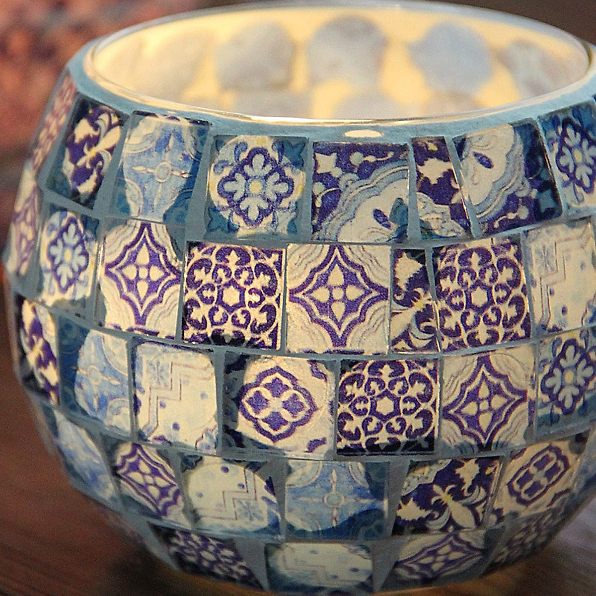 Blue and White Mosaic Candleholder, Glass Votive Candle Holders Round Bowl Tealight Holders Potted Plant Bowl Vase Candlestick Holder Table Centerpieces