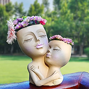 WEWEOW Face Planter Pot - Double Flower Pots in One for Indoor Outdoor Plants Resin Head Planter with Drainage Hole Cute Lady Face Plant Pots, DIY Gifts for Family and Friends