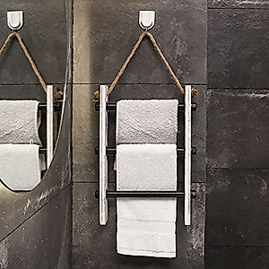 MyGift 3-Tiered Hanging Hand Towel Rack Ladder, Wall Mounted Whitewashed Wood and Industrial Pipe Bathroom Storage Towel Holder with Rope