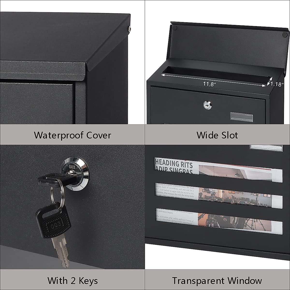 Kasten Wall-Mount Mailbox with Key Lock, Large Capacity Locking Mailbox for Outside, 13.6 x 4.3 x 12.8 Inch, Black