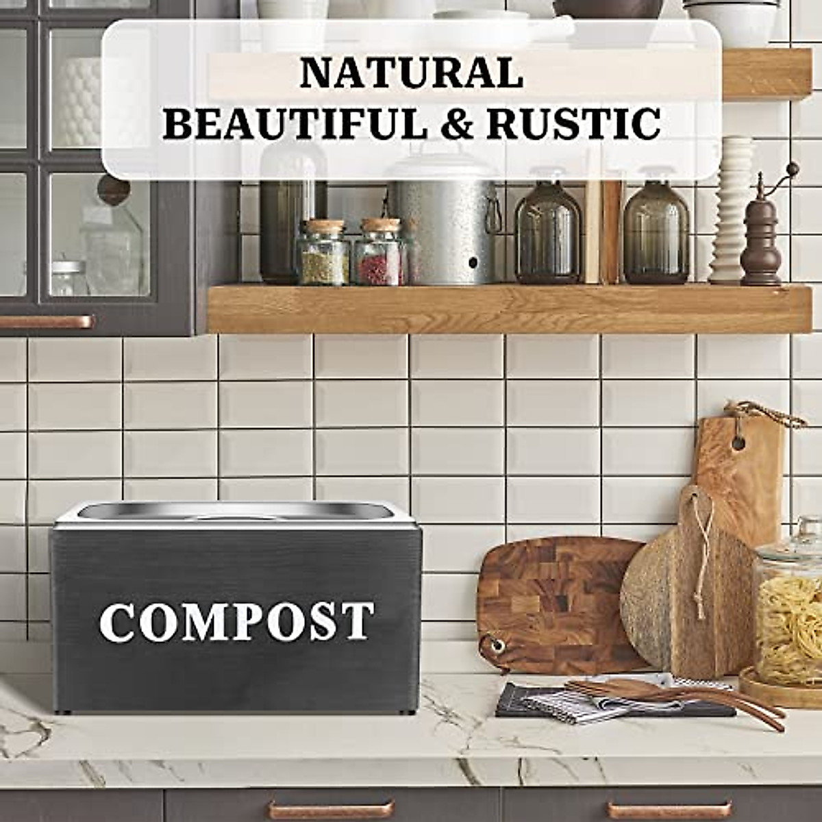 Compost Bin for Kitchen Counter,Countertop Compost Bin with Lid,Kitchen Compost Bin Indoor Compost Container,Food Waste Bin,Smell Proof Stainless Steel Insert 1.6 Gallon and Wood Box Black
