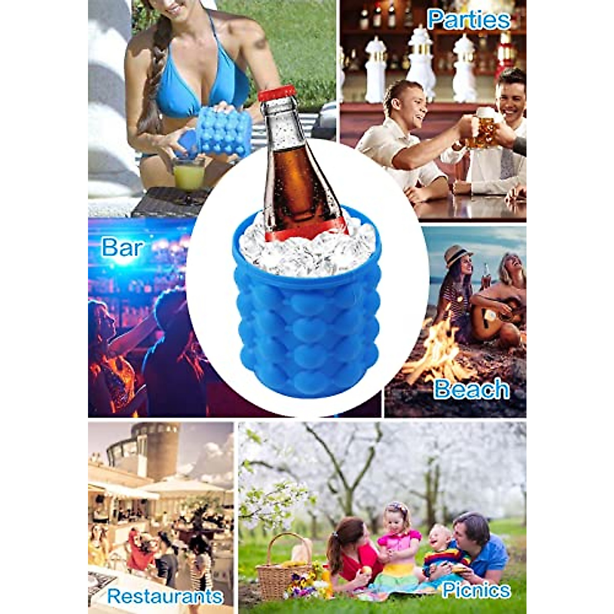 Ice Cube Mold Ice Cube Trays, New 3D Ice Cubes Maker(2 in 1), Large Cylindrical Silicone Ice Bucket for Frozen Cocktail, Beverages and More - Blue