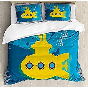 Ambesonne Yellow Submarine Duvet Cover Set, Illustration of a Submarine Bubbles Under The Sea Print, Decorative 3 Piece Bedding Set with 2 Pillow Shams, California King, Mustard and Petrol Blue