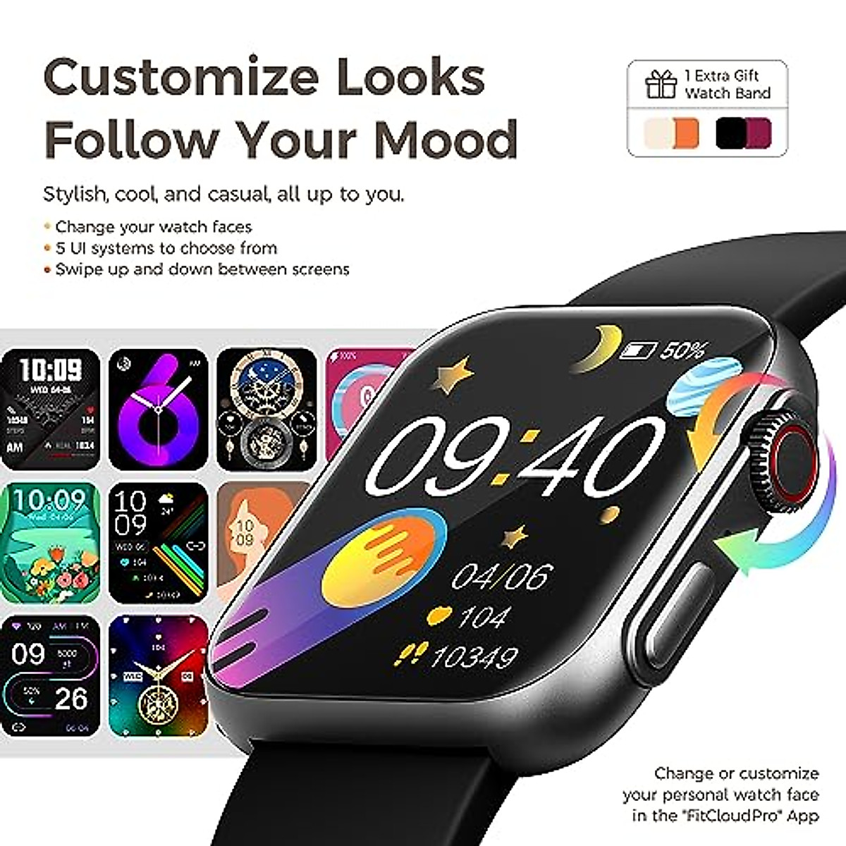 1.98" Smart Watch for Android iPhone, 100+ Sports Modes, Health, Sleep and Fitness Tracker, Step Calorie Counter, Water Resistant Fitness Watch, Smartwatches for Men Women, 2 Bands Included (Black)