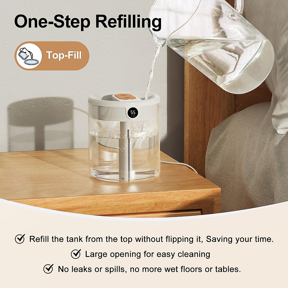 Smart Humidifier for Bedroom, Home, Great Room, Nursery, Office, 1.3L Cold Mist Top Fill 20 Hours Extra Long Use Time for Fast Relief, 26dB, 360° Dual Nozzles, Easy to Fill and Clean, BPA-Free