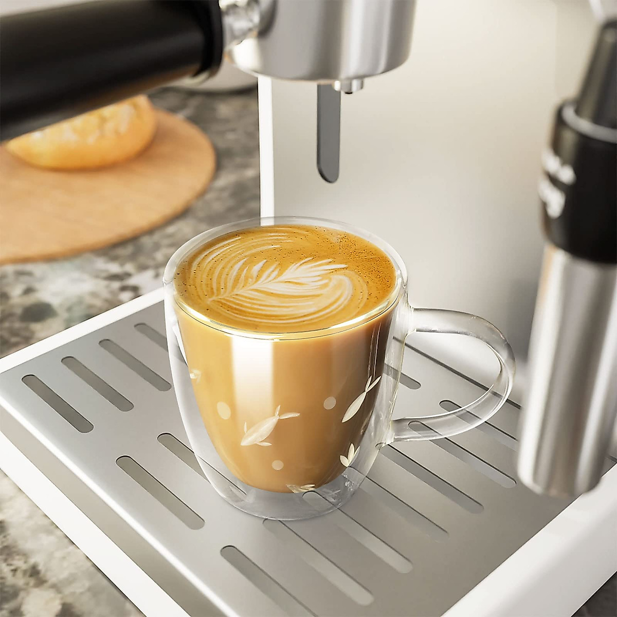 SHOSHIN Hand Cut Espresso Cups - Double Wall Glass Coffee Mugs with Handle（Set of 2, 5.5 Ounces Coffee Mug, Insulated Layer Glass Coffee Cups, Coffee Mug for Cappuccino(Swimming fish)