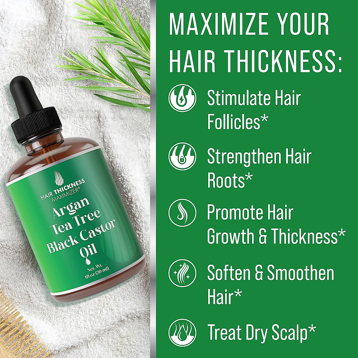 Argan + Tea Tree Oil + Black Castor Oil For Hair Growth. Vegan Thickening, Moisturizing, Strengthening Stay In Conditioner Oil For Women, Men. A Scalp Serum Treatment For Weak, Frizzy, Dry Hair 1oz