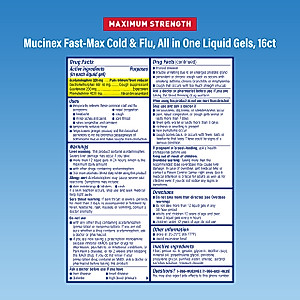 Mucinex Fast-Max Maximum Strength Cold & Flu All in One, Multi-Symptom Relief, Pain Reliever, Fever Reducer, Cough Suppressant, Expectorant, Nasal Decongestant, 16 Liquid Gels (Pack of 4)