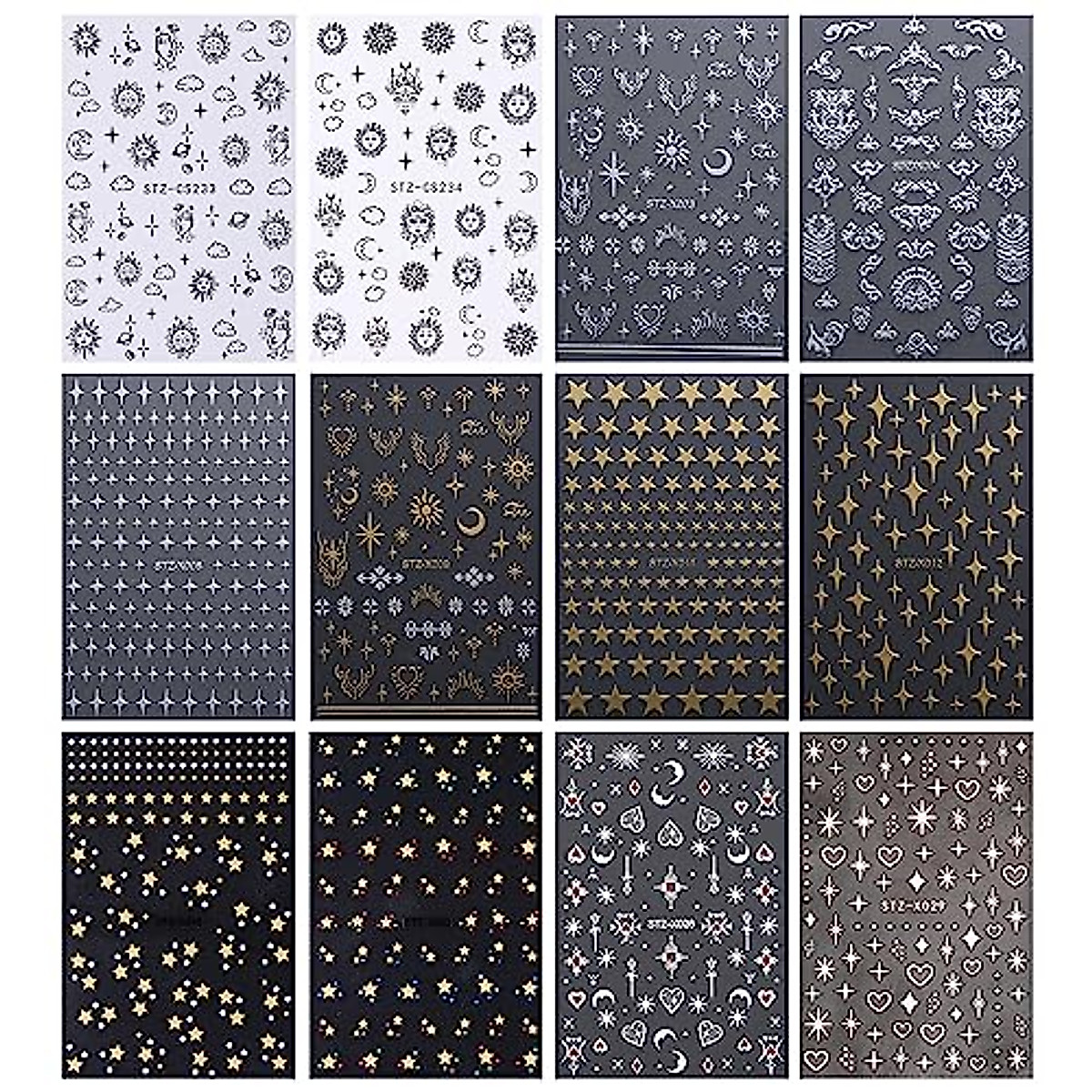 JMEOWIO 12 Sheets Moon Star Sun Nail Art Stickers Decals Self-Adhesive Pegatinas Uñas Black Nail Supplies Nail Art Design Decoration Accessories