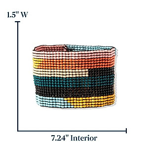 INK + ALLOY Women's Pink Peacock Yellow Horizontal Stripe Stretch Beaded Cuff Bracelet Handmade Jewelry for the Modern Bohemian