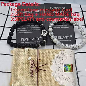 KIKILA 2Pcs Set Handmade Elastic 6mm Beads Hamsa Bracelet Natural Stone Evil Eye Hamsa Fatima Hand Charm Beaded Couples Bracelets Kabbalah Bracelet (Howlite +Lava)