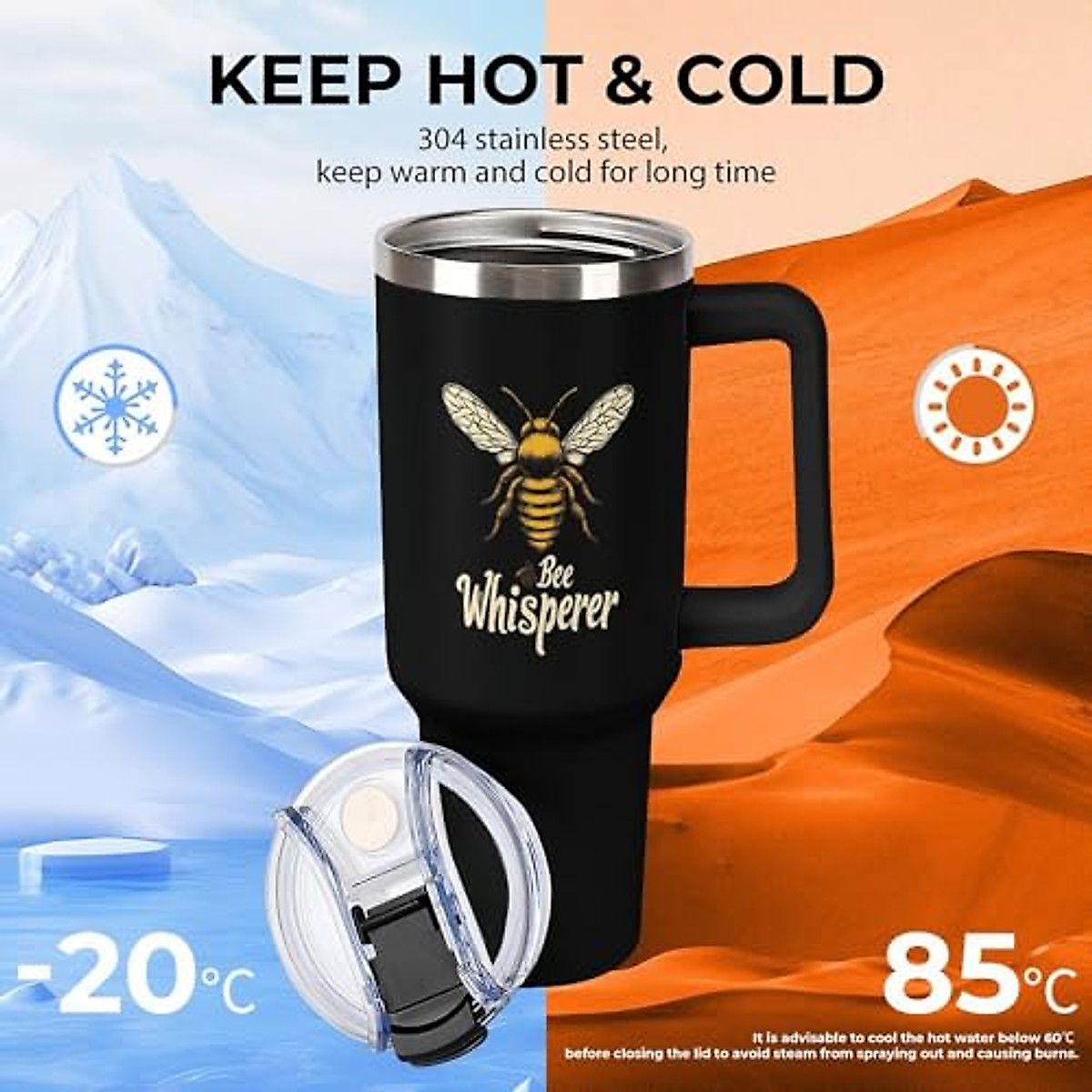 Bee Whisperer Insulated Tumblers with Handle Stainless Steel Coffee Mug Funny Travel Cup with Lid Straw 40oz