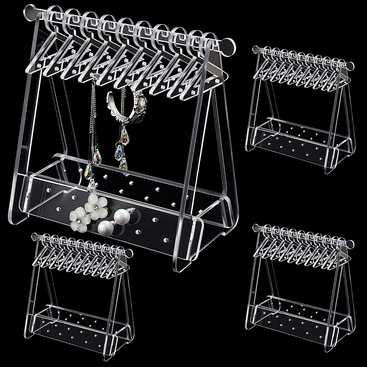 Kigley 4 Pcs Acrylic Earring Hanger Rack Earring Holder Stand Earring Display Each 52 Hole with 8 Mini Hangers Clear Hanging Jewelry Ear Studs Dangle Organizer for Women Girls, 5.31 x 5.31 x 3.27 Inch