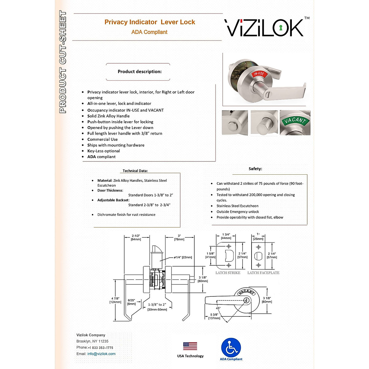 VIZILOK ADA Compliant, Single Egress Indicator Privacy Lock C5FN-L Durable ANSI Grade 2 Comp Commercial LeftHanded Non Reversible in-Use or Vacant Push Button Lever - Satin Nickel