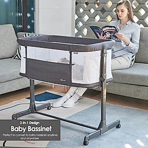 QUTANIX Baby Bassinet Bedside Sleeper with Wheels,Easy Folding Lightweight Crib for Baby/Infants,Breathable Mesh and Adjustable Height - Grey