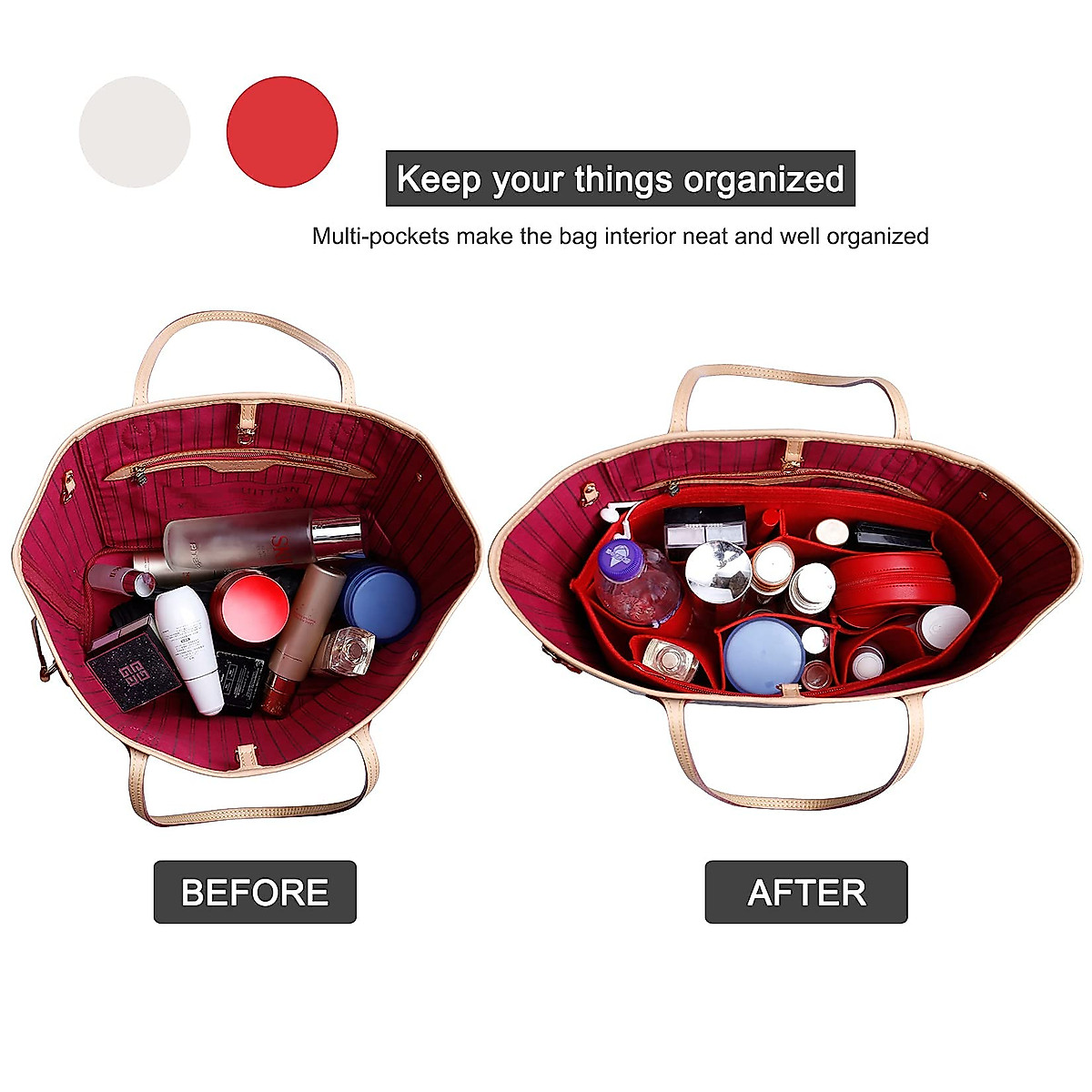 Doxo Purse Organizer Insert for Handbags & Base Shaper 2pc Set,Felt Organizer Insert Large Tote,Bag Organizer with Zipper 7 Sizes,Fit Speedy Neverfull MM/City33 and More(Red-L-Combination)