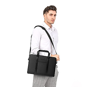 MOSISO Laptop Shoulder Bag Compatible with MacBook Pro 16 2023-2019 M2 A2780 M1 A2485 A2141,15-15.6 inch Notebook, Polyester Sleeve with Front Button Pocket&Fix Handle&PU Leather Bottom&Belt, Black