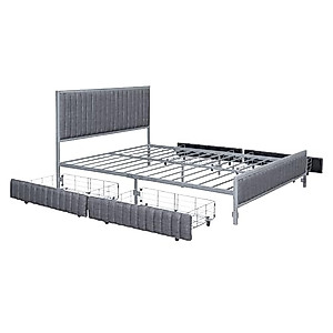WADRI Modern Queen Size Metal Frame Upholstered Bed with 4 Drawers, Linen Fabric Platform Bed with Upholstered Headboard, Storage Platform Bed for Kids Teens Bedroom (Gray + Linen-N32)
