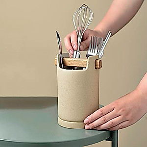 QualKits Kitchen Utensil Holder With Acacia Wood Handle, Utensil Storage, organizer, Countertop Utensil Holder, Ceramic Utensil Caddy (Natural)