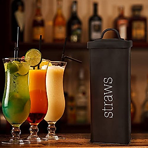 AuldHome Farmhouse Enamelware Straw Holder (Black); Retro Metal Straw Storage Canister