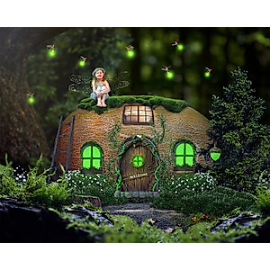 SONSIL Resin Miniature Fairy Gnome Home Windows and Welcome Door with Fairy Lantern,Glow in Dark Art Sculpture for Trees Outdoor Indoor Garden Yard Wall Decorations
