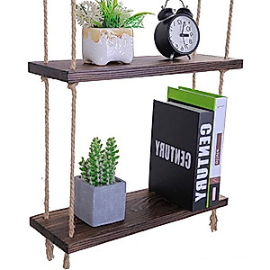 HXSWY Rustic Rope Hanging Shelves for Wall Wood Window Plant Shelf Indoor 3 Tier Dark Brown