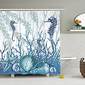Amagical Sea Shells Seahorse Starfish Pattern 3 Piece Blue Ocean Shower Curtain Bath Mat Set Non Slip Bathroom Mat Contour Mat Fabric Shower Curtain with 12 Hooks