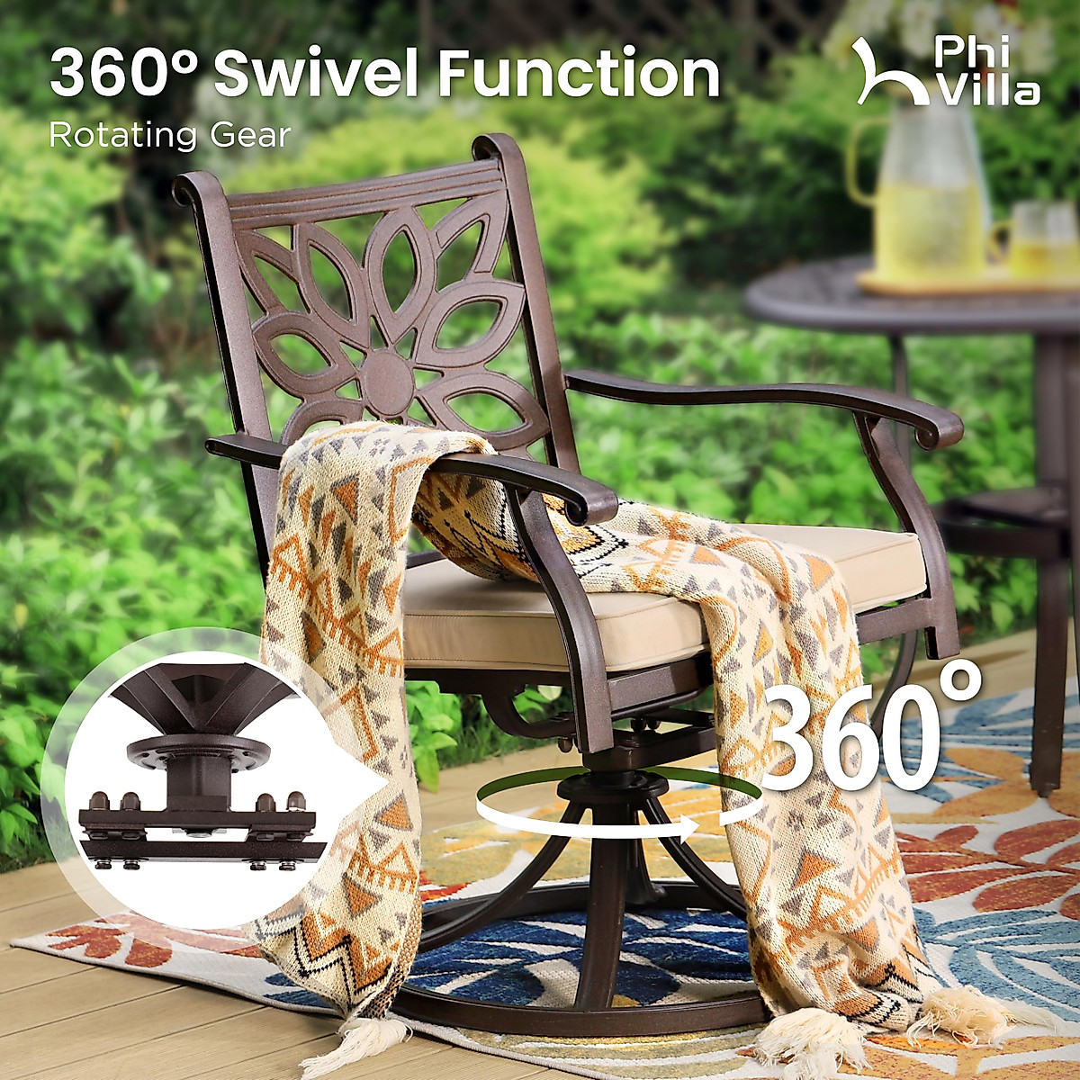 PHI VILLA Cast Aluminum Patio Dining Set for 6 Person, 7 Piece Outdoor Patio Set with 54" Dia Cast-Top Aluminum Table(2.1" Umbrella Hole) and 6 Swivel Rockers Dining Chairs with Seat Cushions