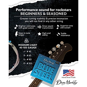 Dean Markley Electric Bass Guitar Strings 2674 Blue Steel Electric Long Scale 45-105 Medium Light Gauge, Cryogenically Processed for Longer Life