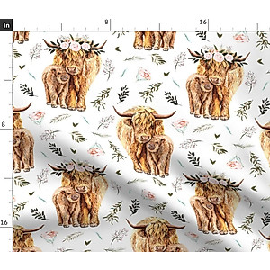 Spoonflower Fabric - Pink Spring Highland Cow Floral Calf Scottish Printed on Petal Signature Cotton Fabric Fat Quarter - Sewing Quilting Apparel Crafts Decor