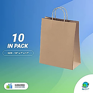 Amiff Kraft Paper Bags with Handles 13 x 7 x 17 Inch, Pack of 10 Brown Bags with Handles, Recyclable Sturdy 150 GSM Kraft Bags, Stylish and Classy Brown Paper Bags with Handles Bulk